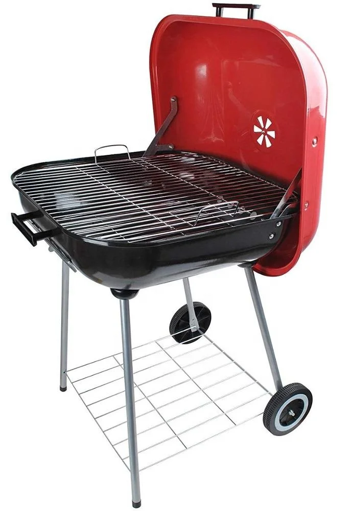 Charcoal BBQ Grill - Portable Square Smoker with Trolley