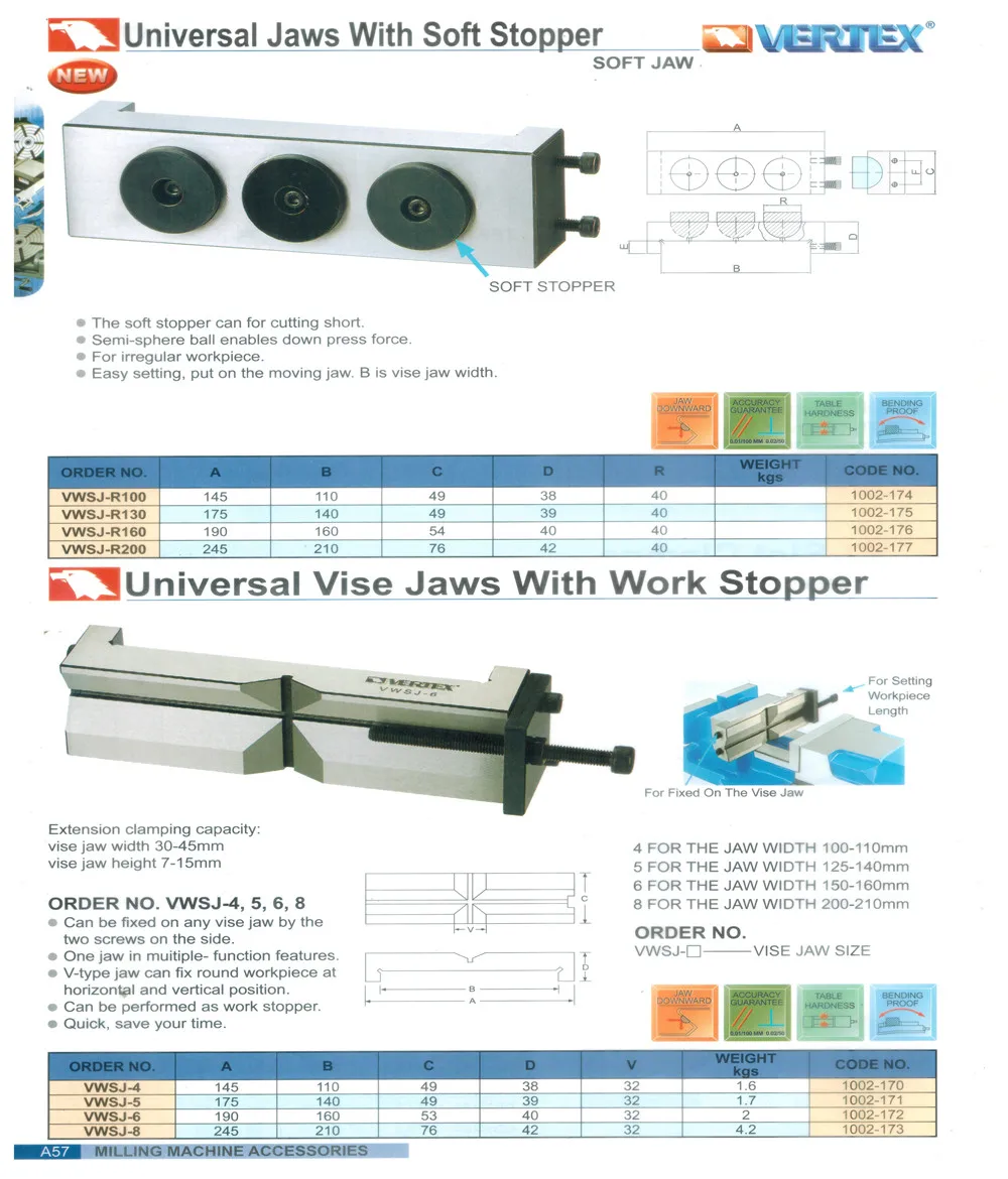 VERTEX Universal Vise Jaws with Work Stopper - VWSJ-5