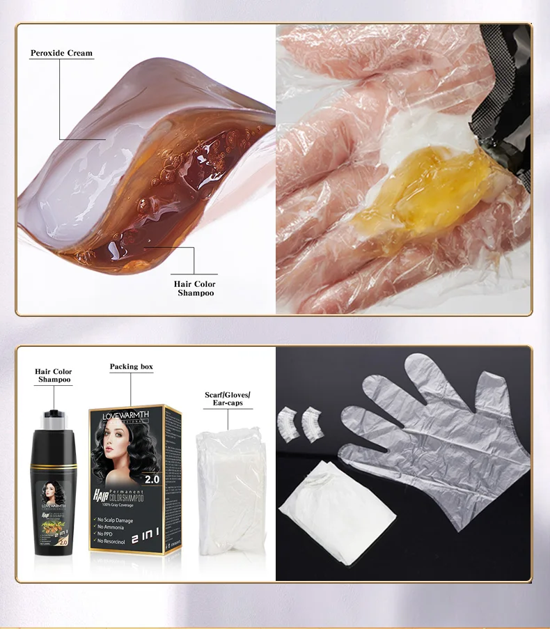 Permanent 2 In 1 Bottle Packaged Hair Color Shampoo Fast Dyeing 3-5 ...