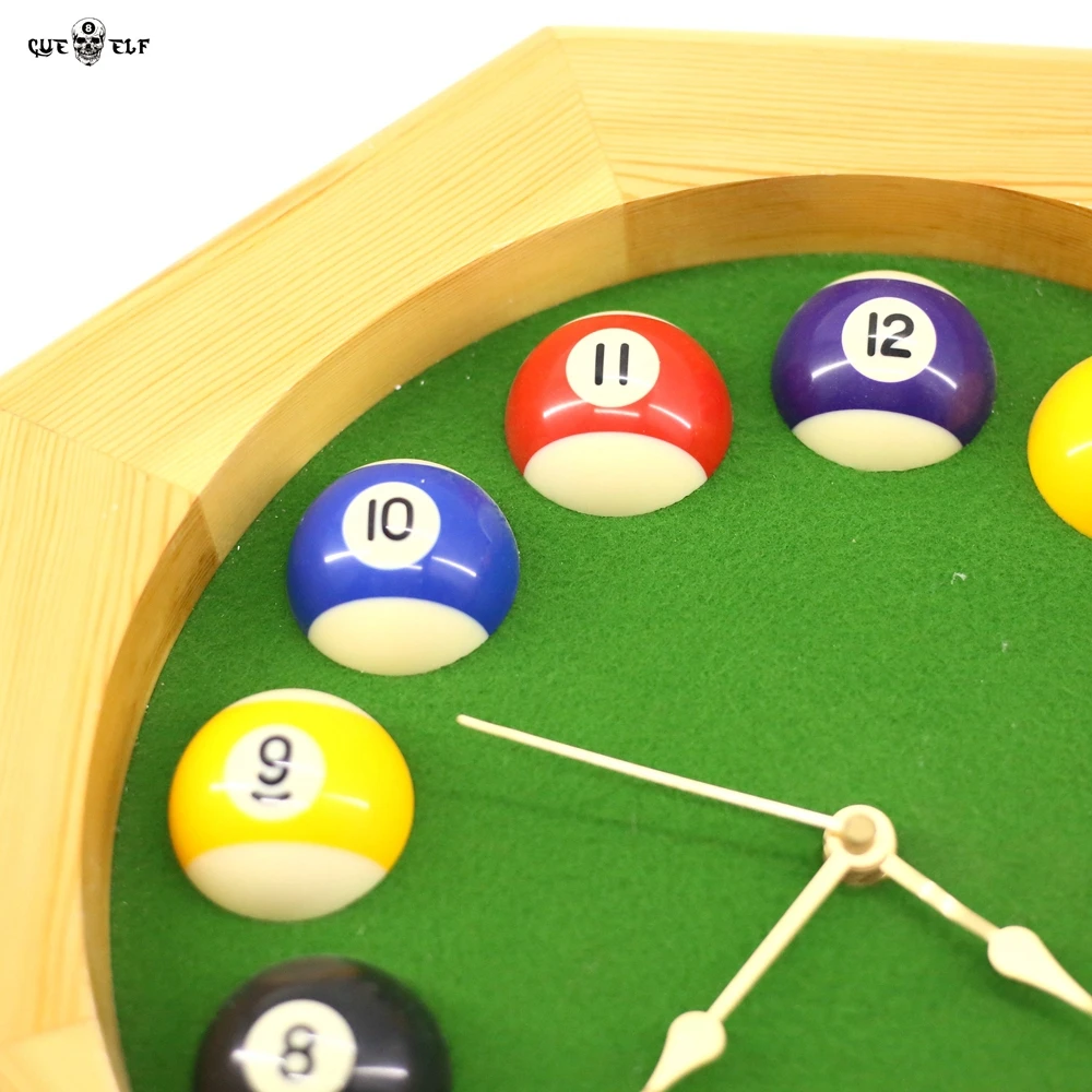 Cueelf Pool Ball Clock - Octagon Wooden Billiard Wall Clock