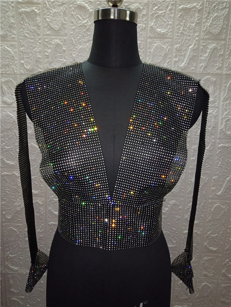Sht1193 Sparkle Rhinestone Diamante Slit Sleeve Crop Top Women Glitter ...
