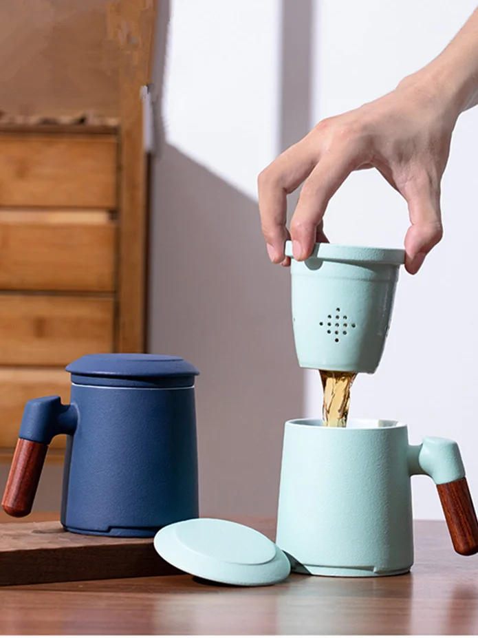 Custom Made Logo Ceramic Tea Cup With Wooden Handle Enamelled Mug With ...