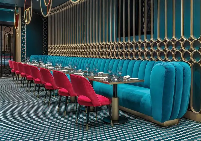 Gold Trimmed Ss Base Custom Made Fabric Booth Sofa Hotel Night Club ...