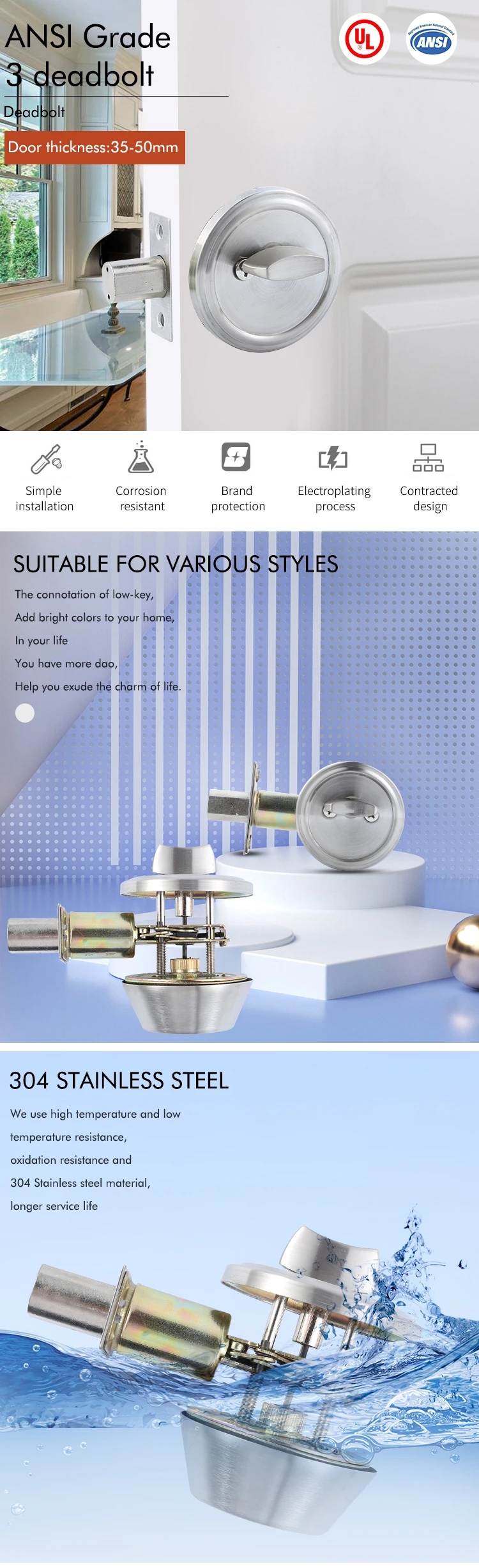 High Security Ansi Grade 3 Door Satin Stainless Steel Hidden Deadbolt ...