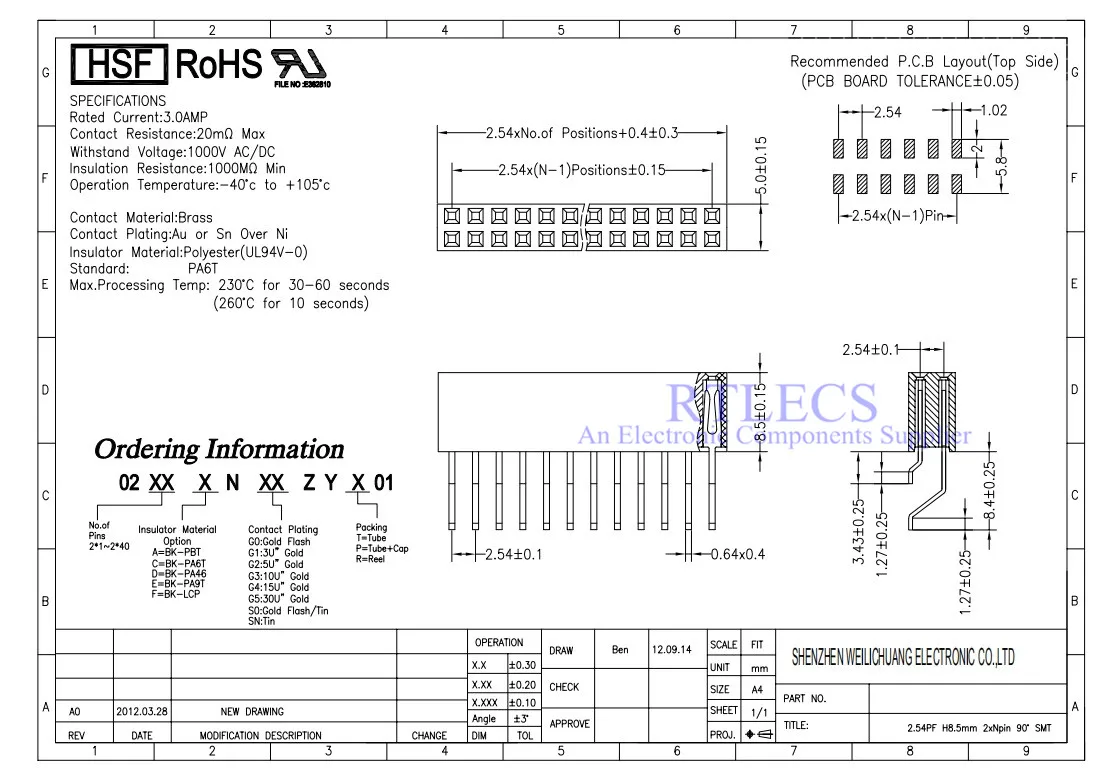 SMT PCB Female Header 2.54 Mm 2x20 Pin Dual Row Right Angle