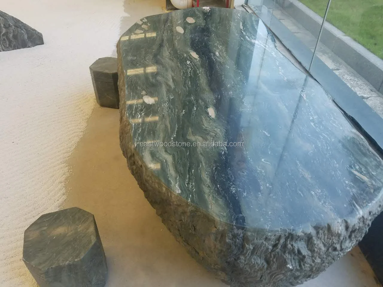 Natural Rock Stone Green Marble Table and Bench Sets for Garden