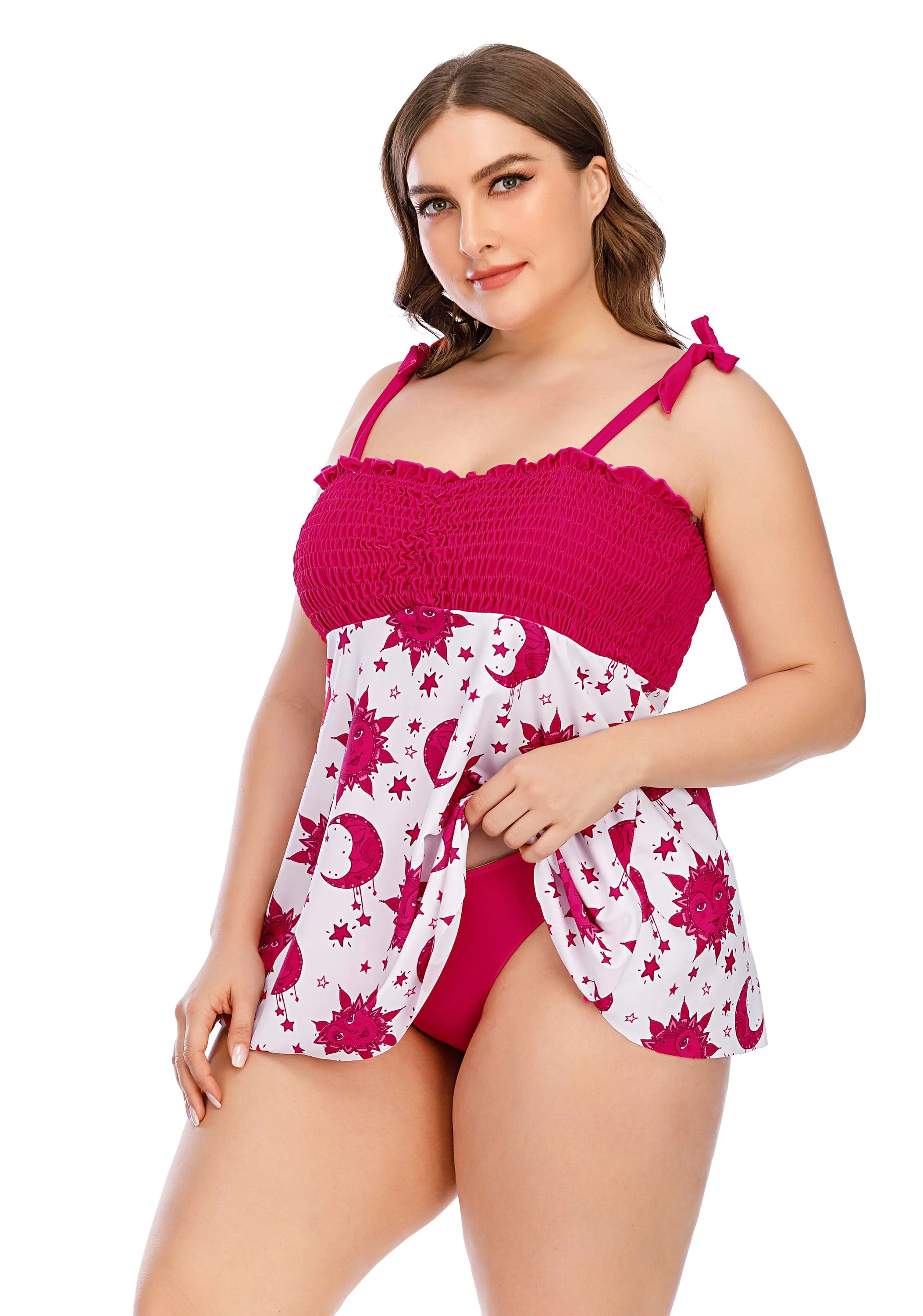 Sg 21006 Womens Plus Size Swing Elastic Top Tie Strap Print Tankini