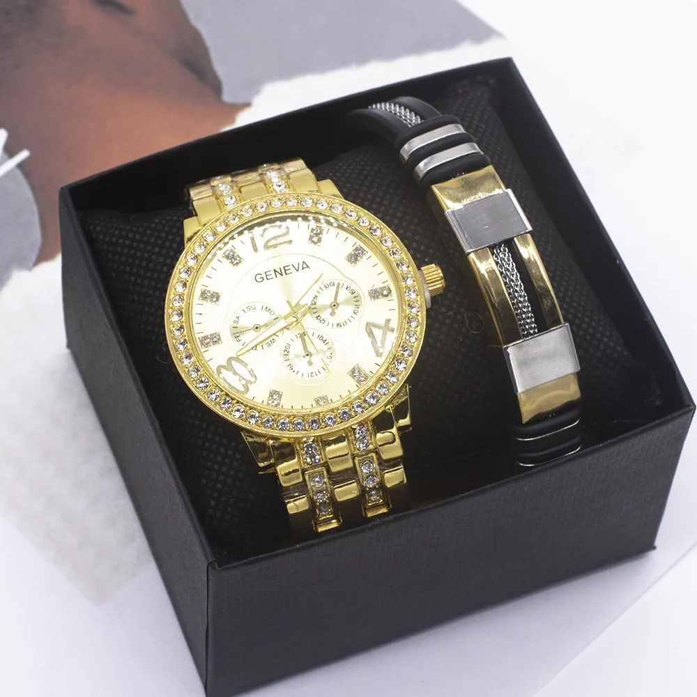 Men's Watch Set - Luxury Diamond Bracelet & Classic Watch