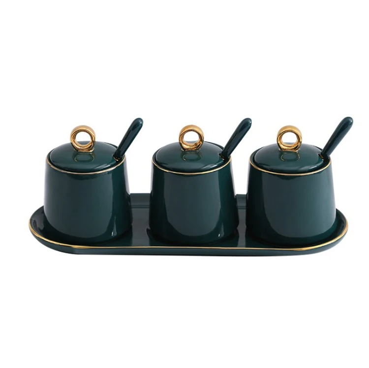 Luxury Kitchen Seasoning Pot Set Glazed Green Gold Ceramic Msg Salt ...