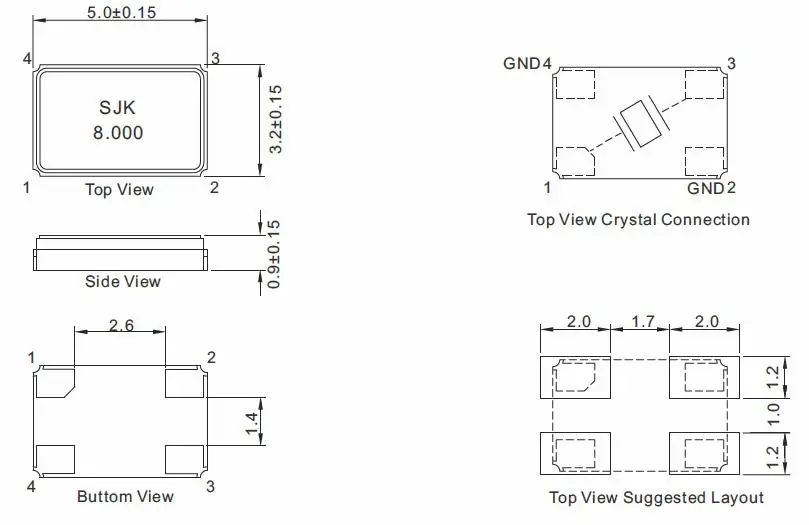 SJK SMD 5032 Quartz Crystal - 12.000mhz, 20pf, 20ppm