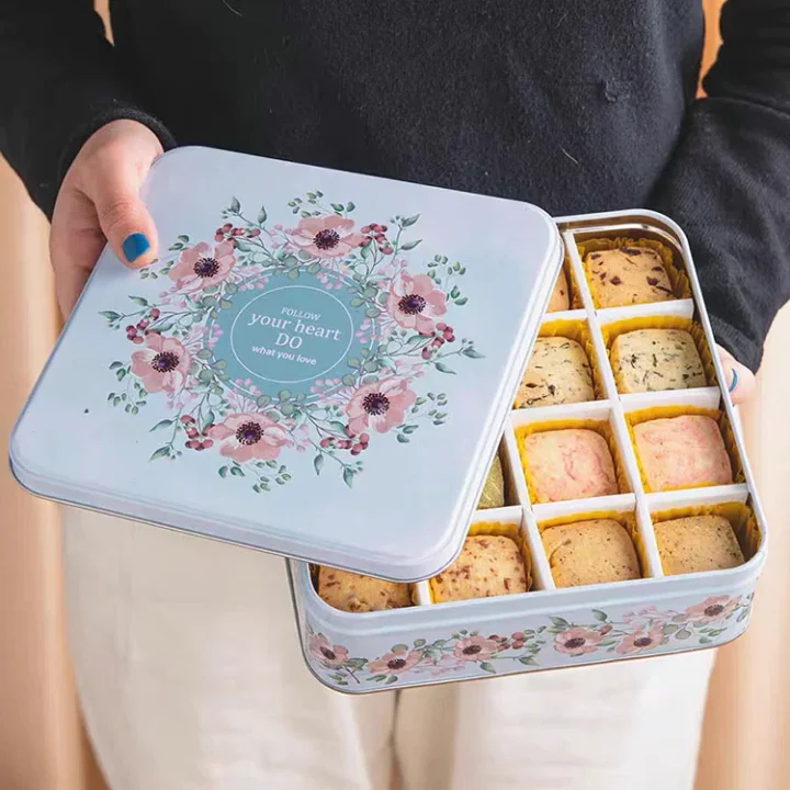 Fancy Square Biscuit Container Cookies Tin Box With Paper Divider - Buy ...