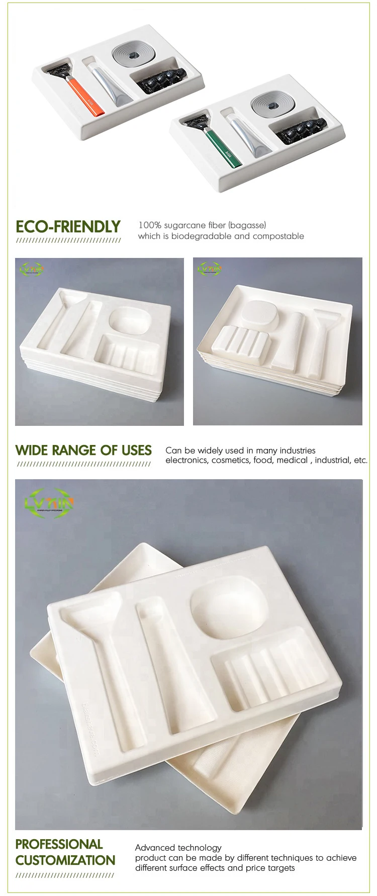 Custom Disposable Molded Fiber Paper Pulp White Insert Packaging Tray ...