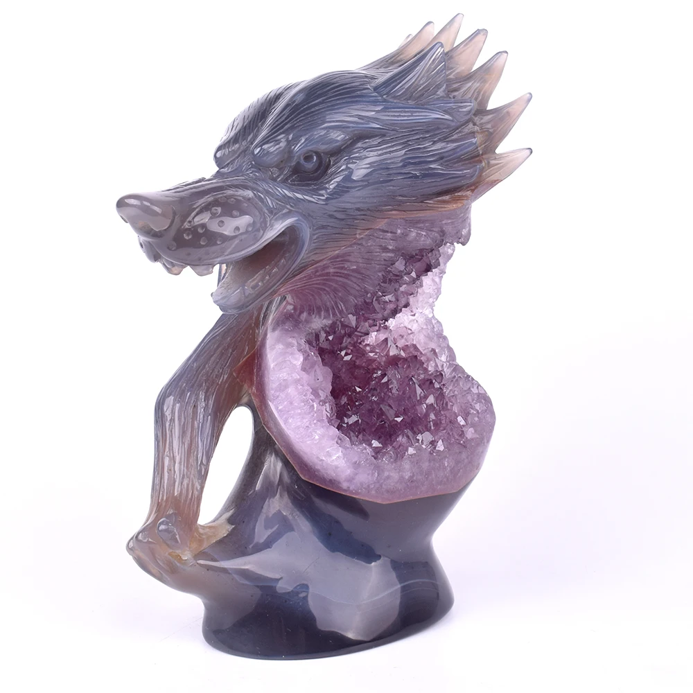 Exquisite Hand Carved Agate Amethyst Geode Carved Statue Crystal Wolf ...