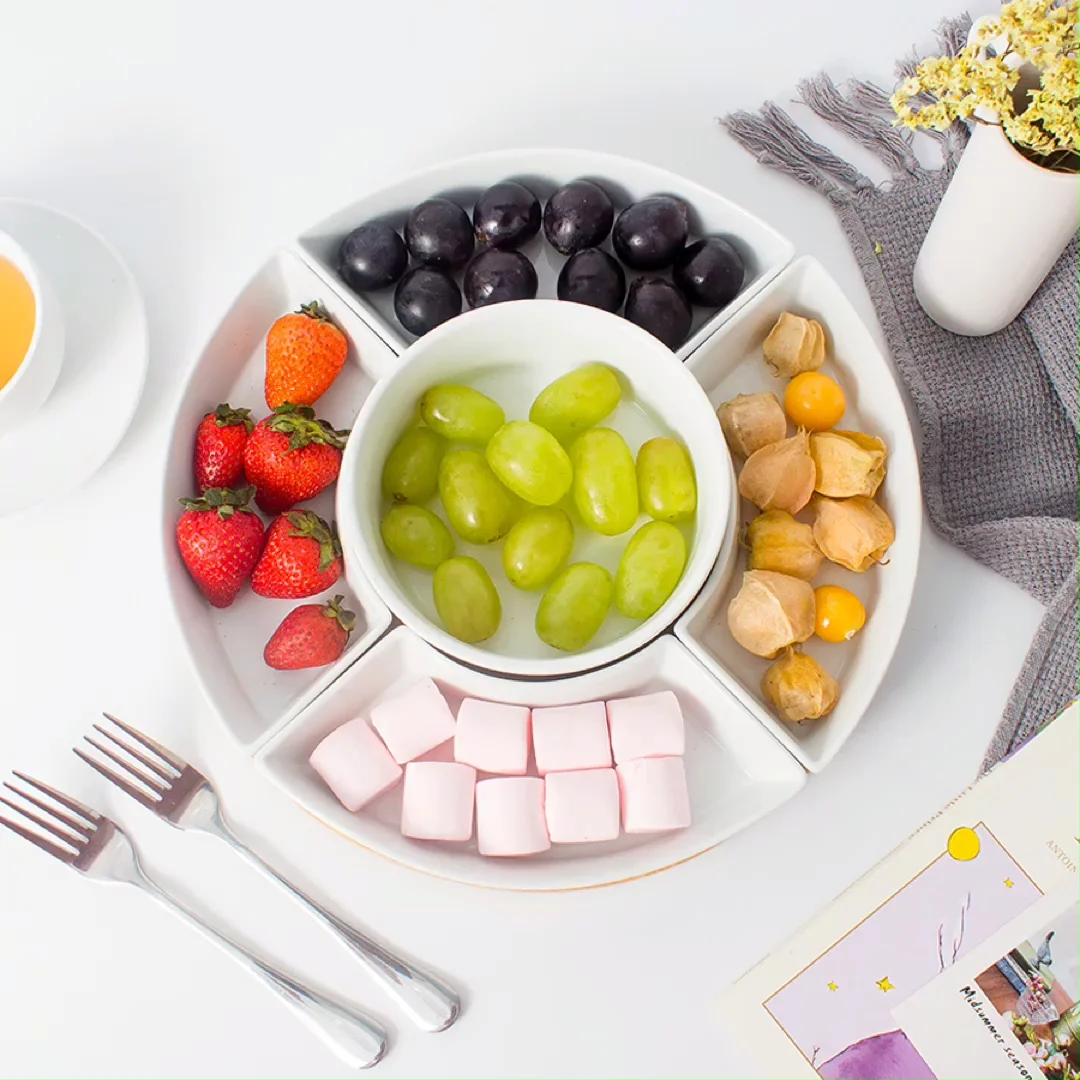 12inch Party 5 Pcs Compartment Tray White Sectional Round Ceramic Snack ...