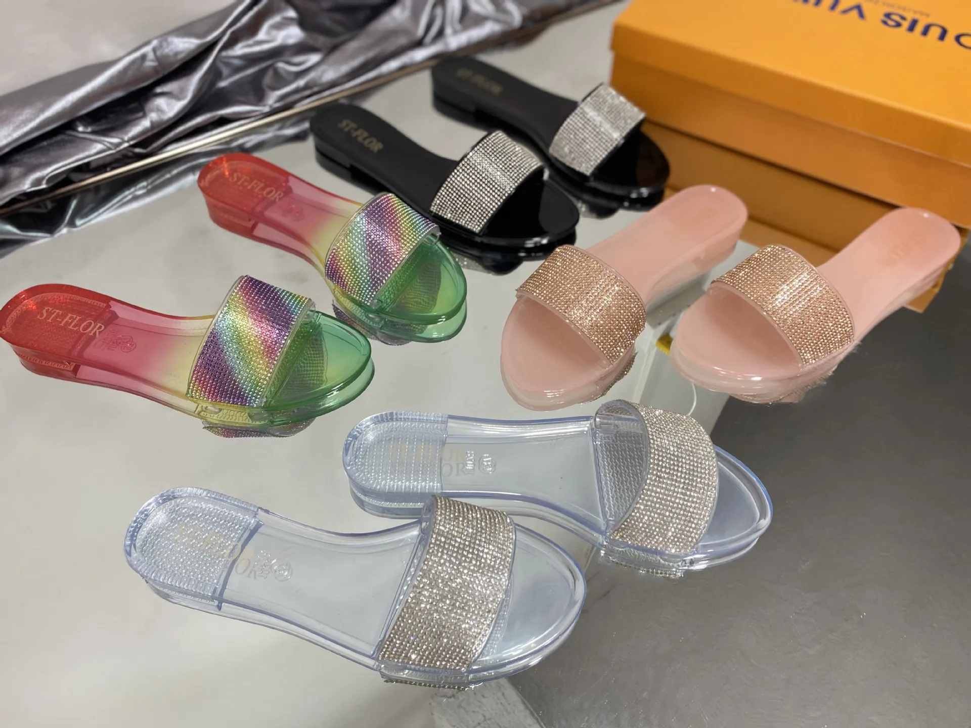 Shiny Rhinestone Smooth Blingbling Outdoor Home Flat Slippers Women's ...