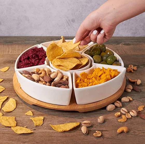 Bamboo Lazy Susan With Ceramic Dishes | Set Of 6 Porcelain Bowls On 12 ...