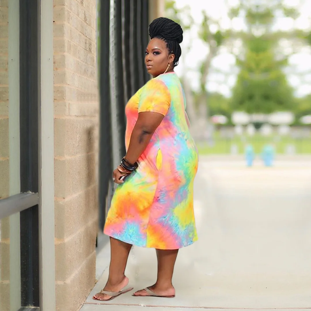 New Arrive Large Loose Casual O Neck Tie Dyed Dres Pocket Plus Size Xl ...