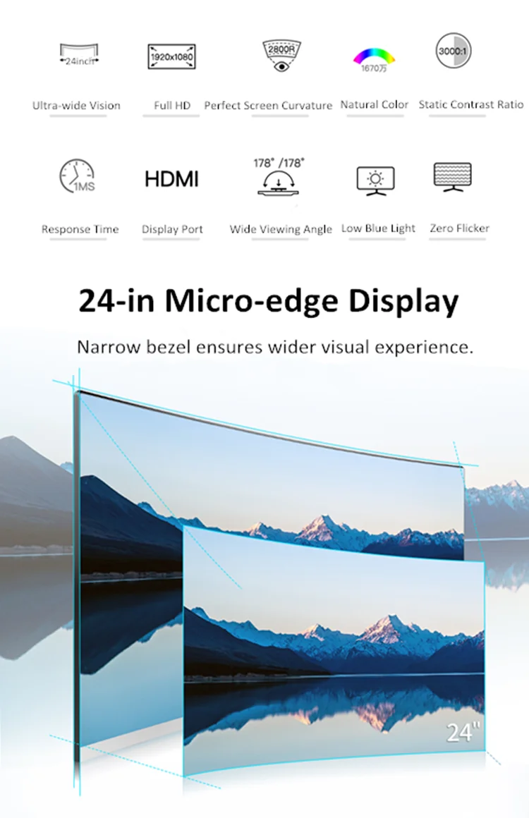 24 Inch 1k Curved Screen Pc Monitor Narrow Border Led Smart Computer ...