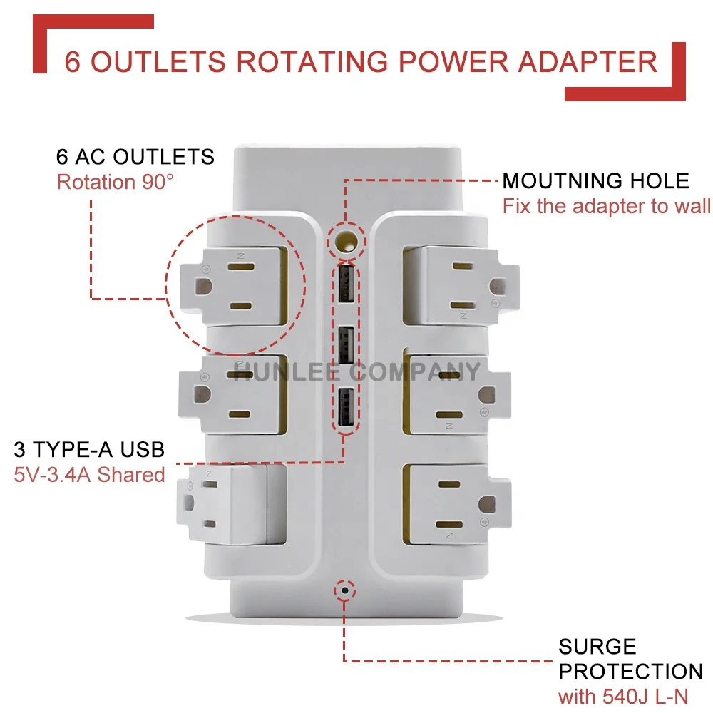 6 Ac Outlet Rotating Power Adapter,Rotating Wall Tap - Buy Rotating ...