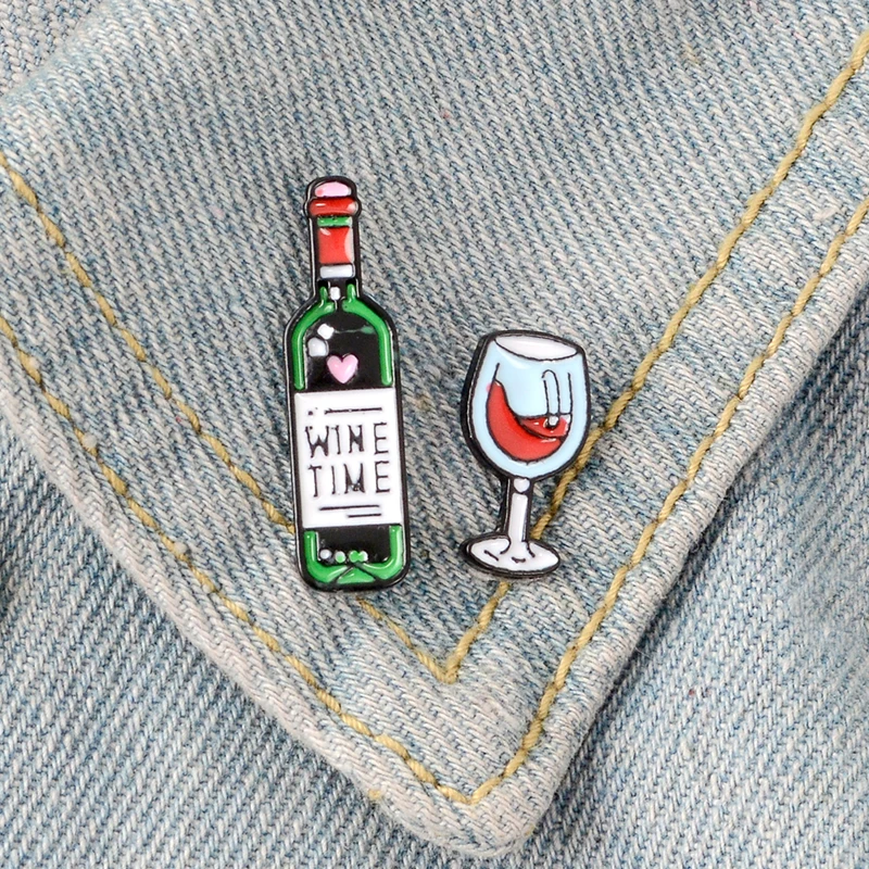 Mini Cute Wine And Glasses Couple Pins Red Wine Bottle Cup Brooches