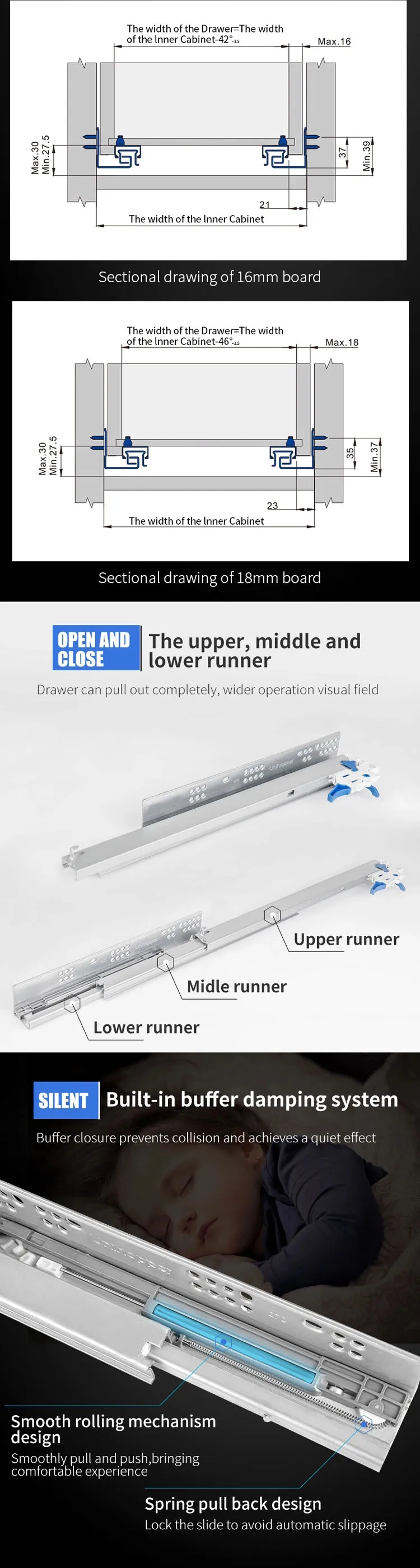 Unihopper Wholesale Top 3D Low Mount Drawer Rails
