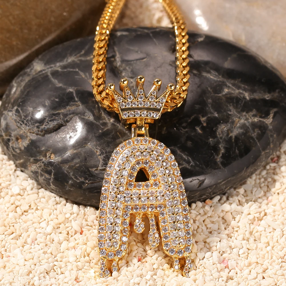 Trendy Iced Out Crown Letter Water Drip Pendant Gold Chain