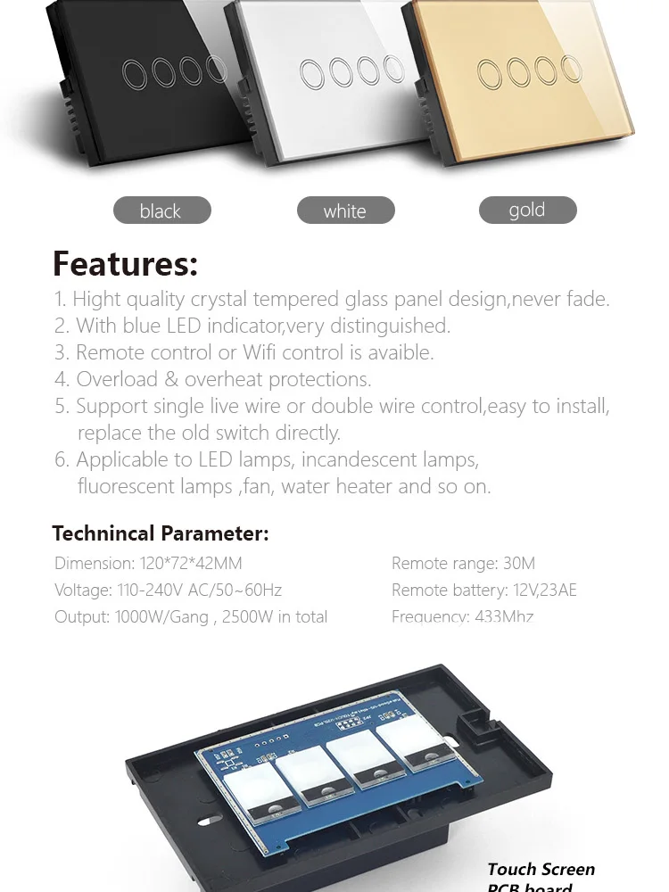 Crystal Glass Panel 4gang Wall Touch Switch Quad Touch Button Switch ...