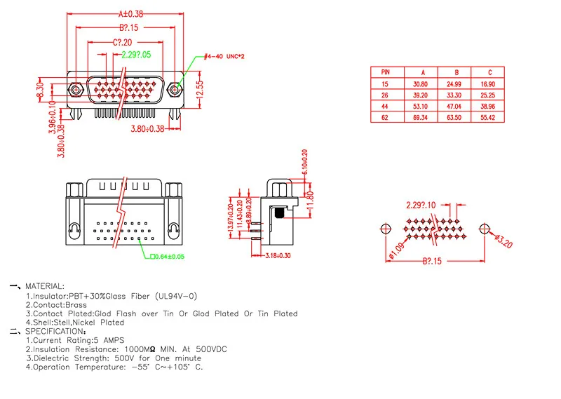 D-SUB 26 Pin Male Right Angle PCB Connector Adapter