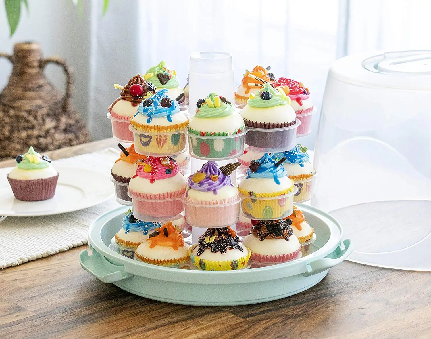 3-Tier Cake and Cupcake Muffin Carrier 24-Cup Collapsible Handles for ...