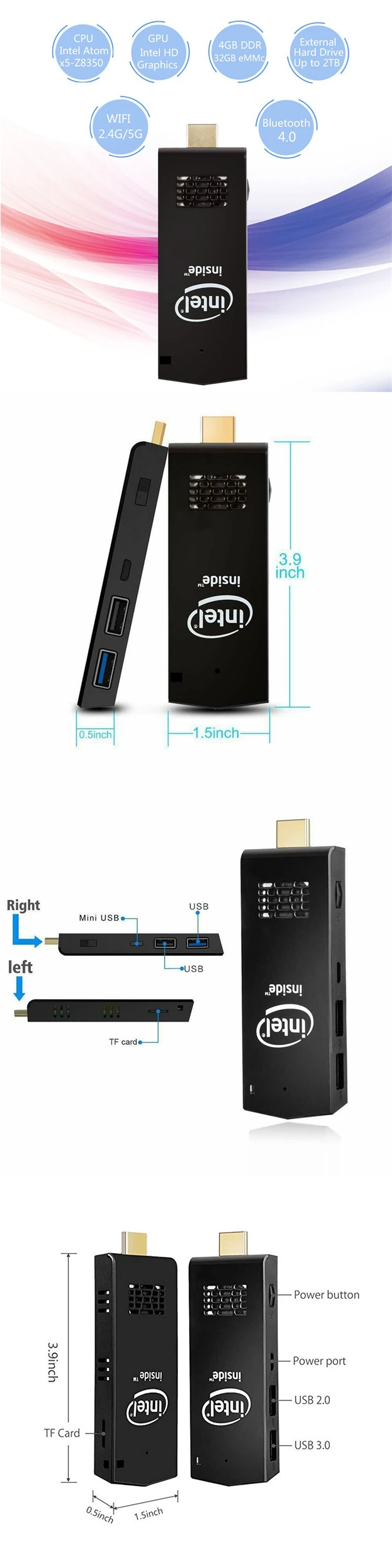 T5 Mini Pc Win 10 Intel Atom Quad-core 64bit X5-z8350 Lpddr3 1600mhz ...