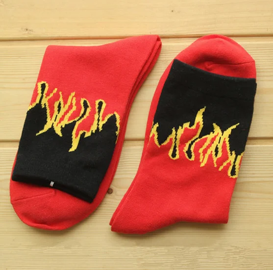 Men Fashion Hip Hop Hit Color On Fire Crew Socks Red Green Blue Flame ...