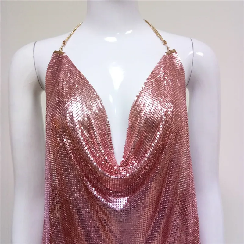 A2039 Black Stunning Sequin High Slit Backless Chain Choker Halter Neck