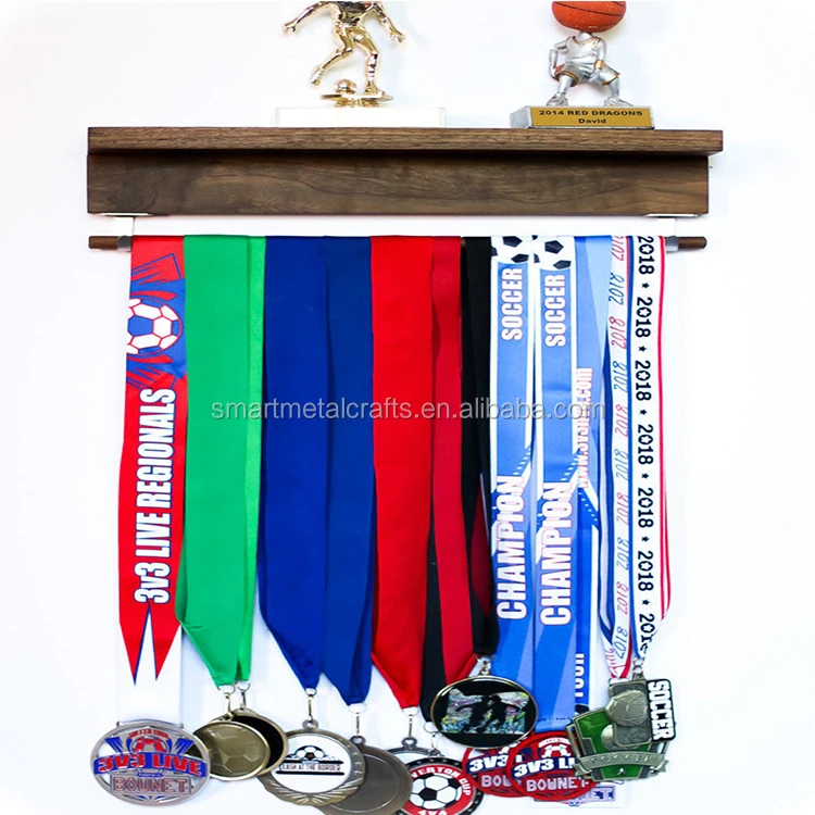 Custom Trophy Rack And Medal Display Wood Medal Hanger With Shelf Wall ...