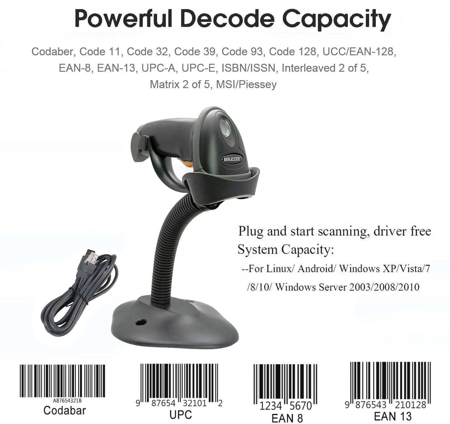 MINJCODE MJ2808AT Barcode Scanner Laser 1d Code Barcode Reader USB ...