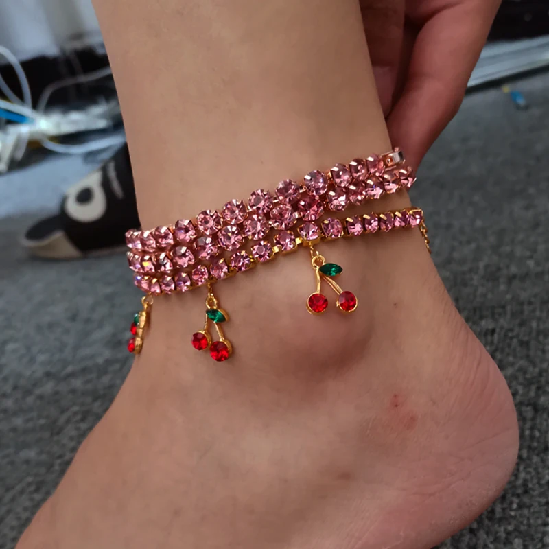 Fashion Crystal Cherry Anklet For Women Gold Color Sweet Fruit Foot ...