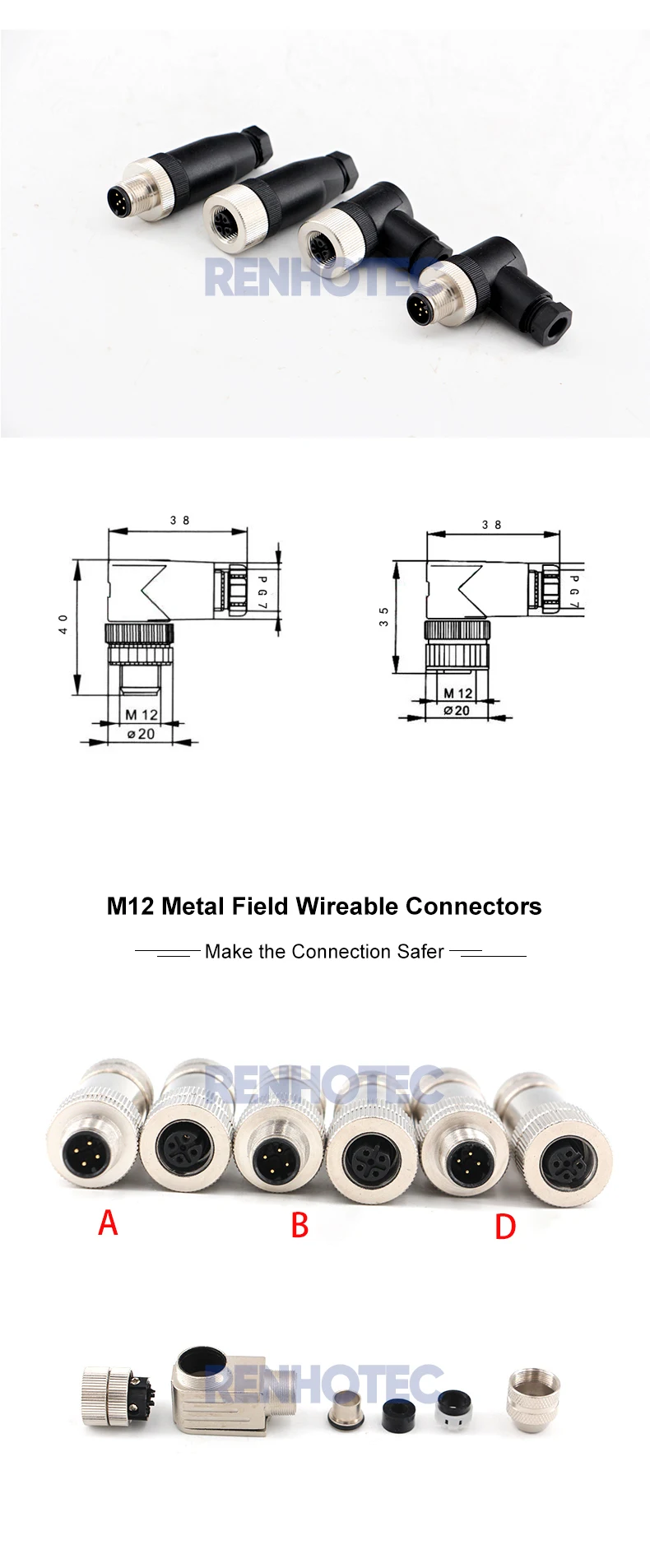 M12-04-d-p-3-s-w Non-shield D-code Connectors Crimp Contacts Overmolded ...
