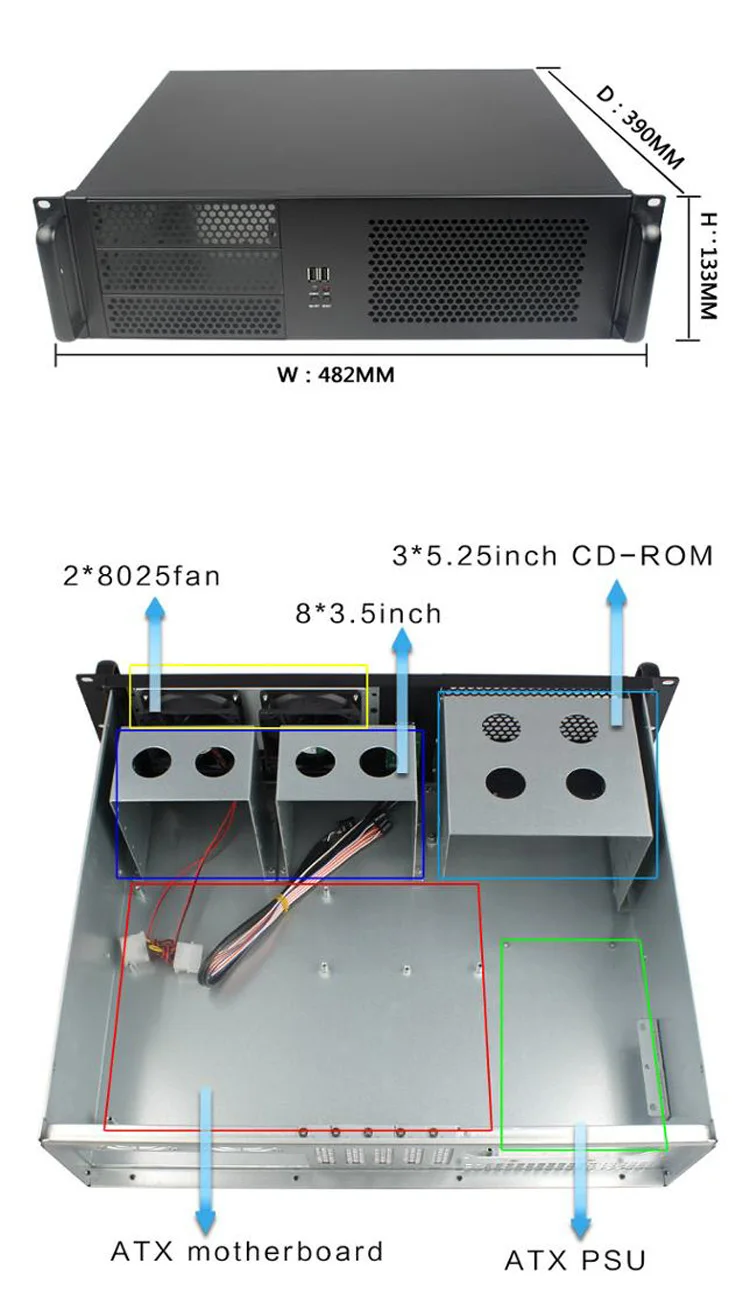 3U Rack Mount Server Chassis Case with Cooling Fans - ATX, 8 Hard Disk ...