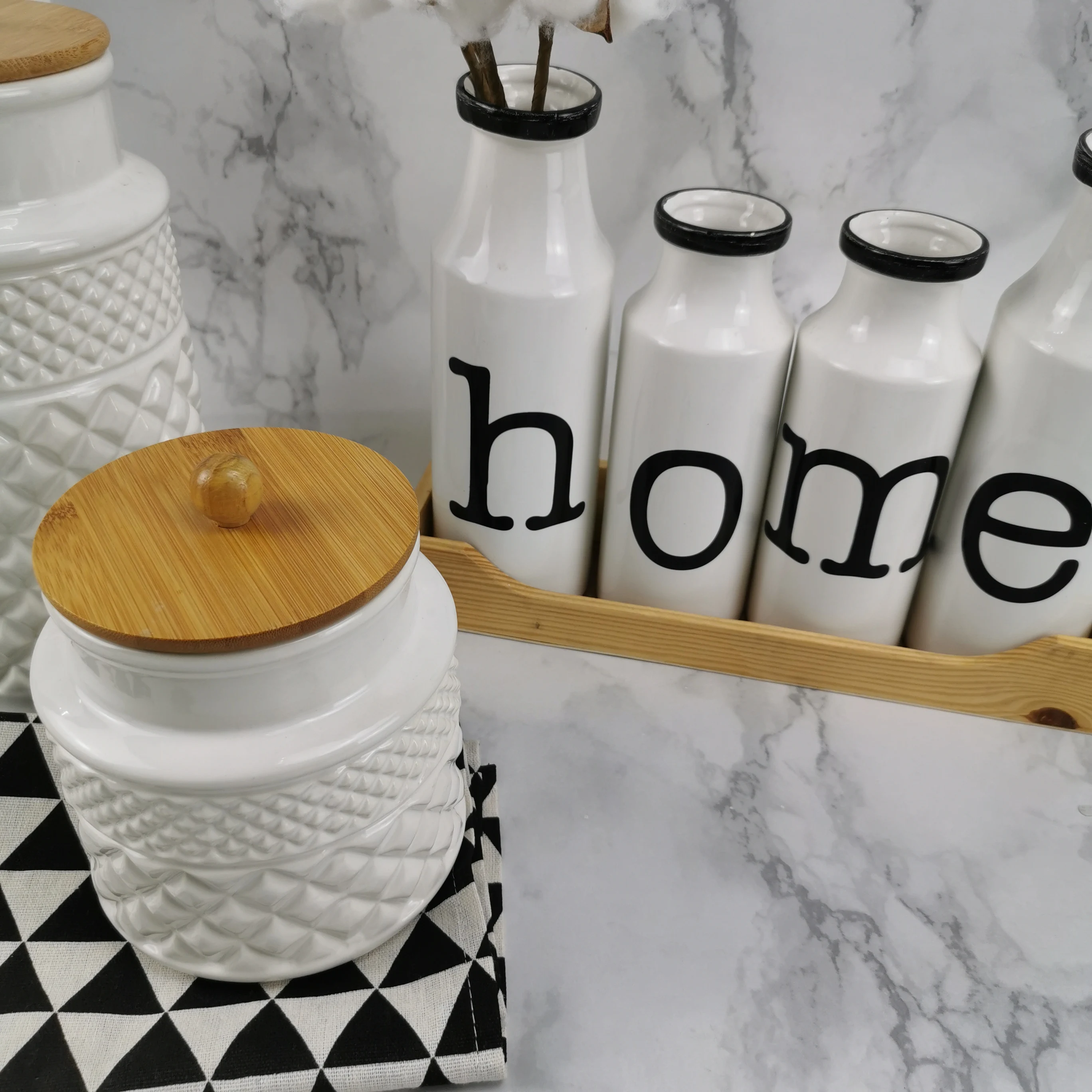 Ceramic White Kitchen Food Storage Canister Set with Bamboo Lids