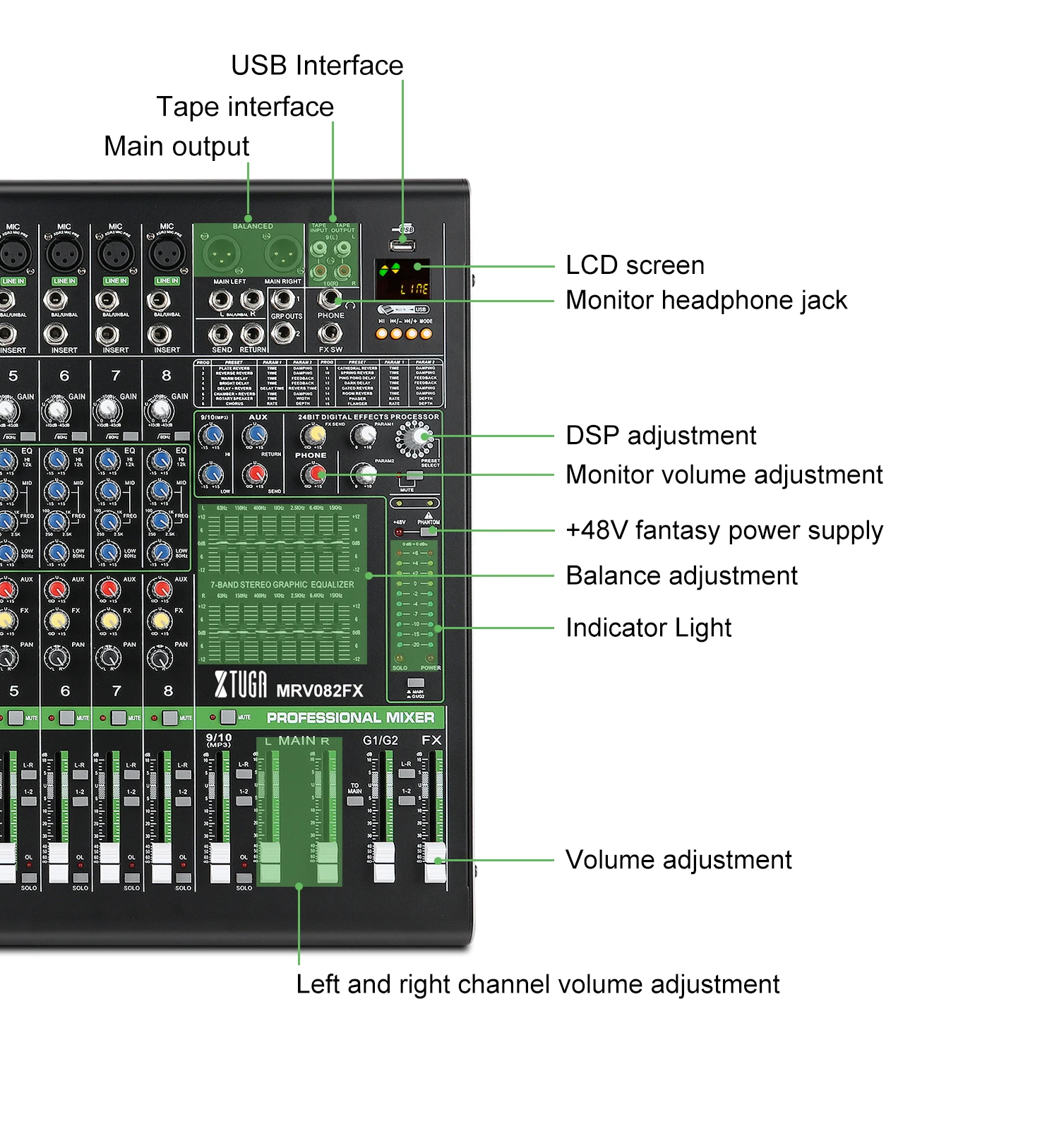 8 Channel DJ Mixer - Professional Digital Audio Eco Mixing