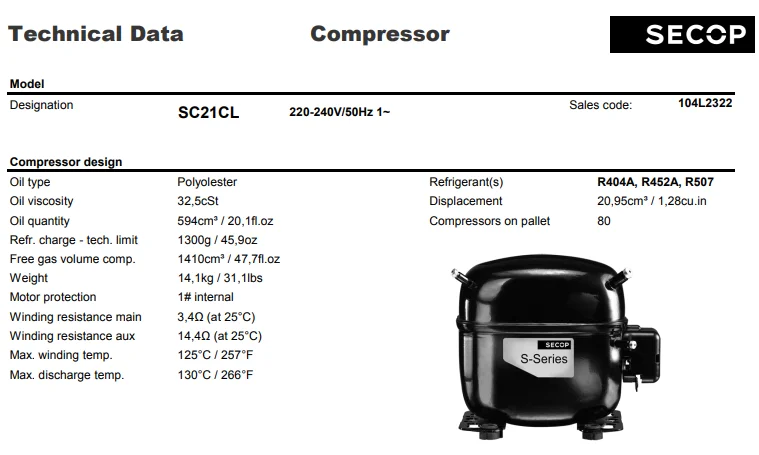 220-240V 50hz LBP R404a Secop Compressors SC21CL for Commercial