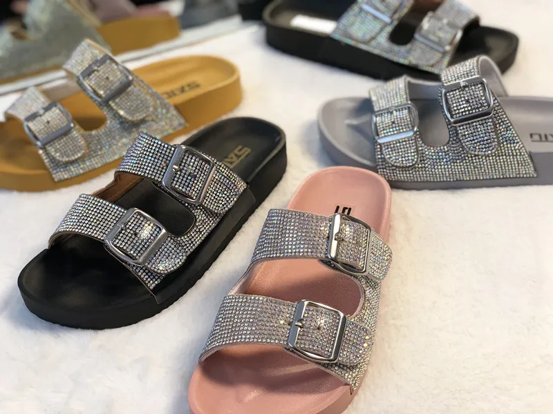 Women Double Strap With Buckle Sandals Slides Ladies Beach Diamond ...
