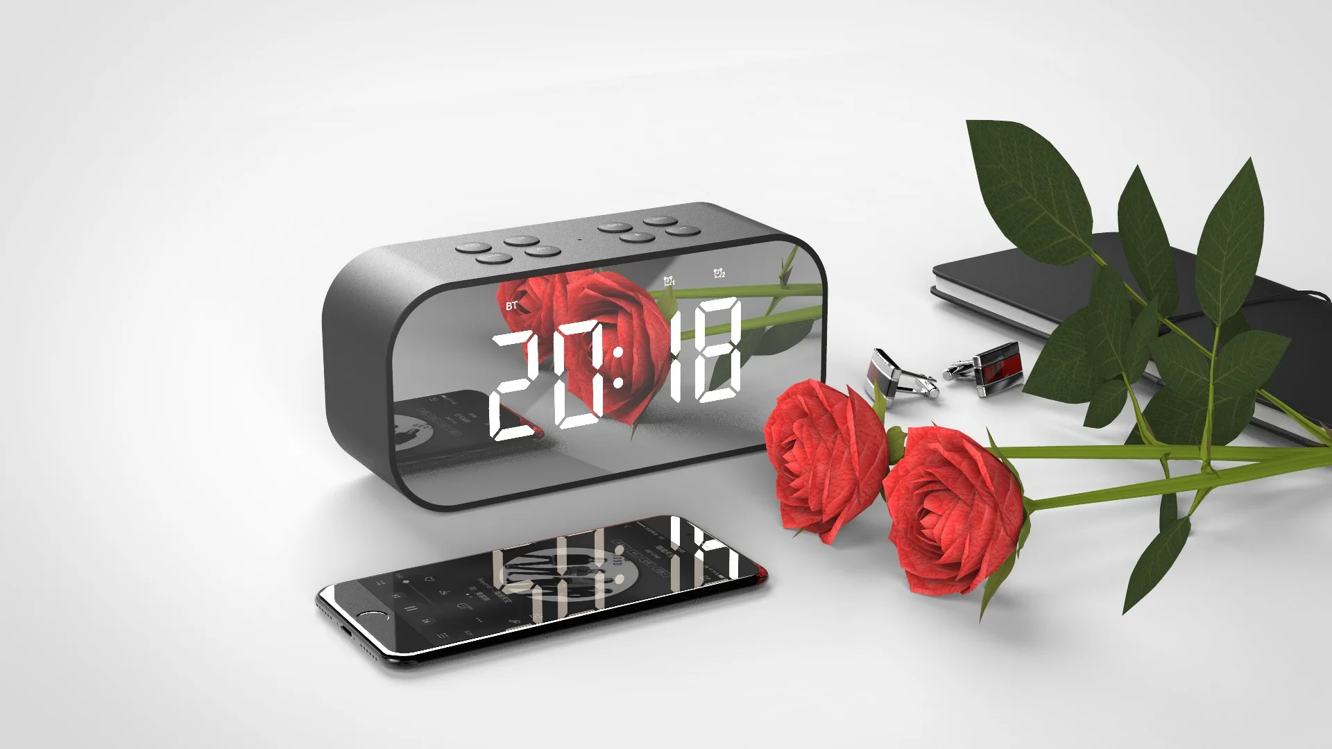 Office Desk Clock with Mirror, BT Speaker, and FM Radio