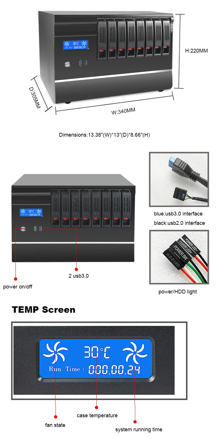 8 Bay Hot Swap NAS Server Rack Micro ATX Chassis with USB 3.0
