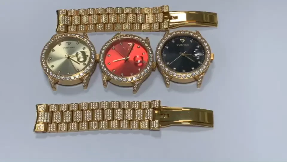 22k Gold Red Sunray Dial Cnc Set Ided Out Crystal Diamond Wristwatches ...