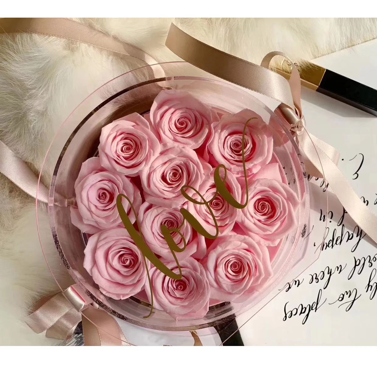 2023 Hot Sale Round Acrylic Rose Flower Box Clear Acrylic Flower Box ...