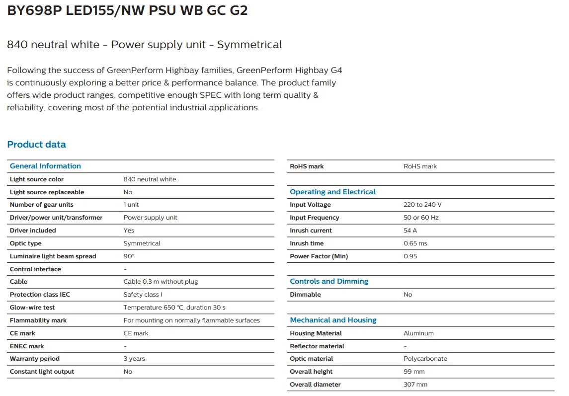 PHILIPS LED Highbay BY698P LED155/NW PSU WB GC G2 - 15500lm