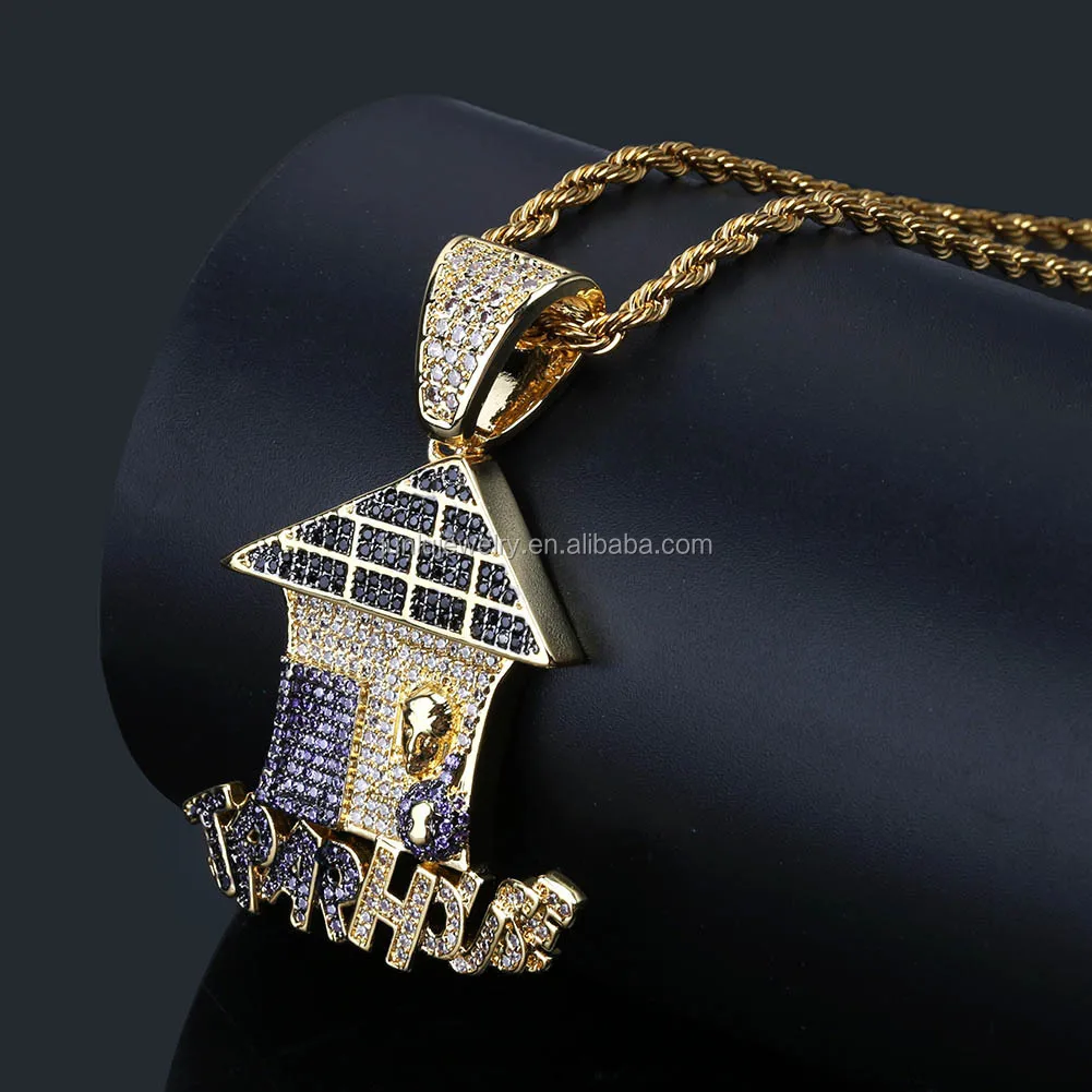 Multi Color Trap House Iced Out CZ Pendant Necklace Rope Chain Gold ...