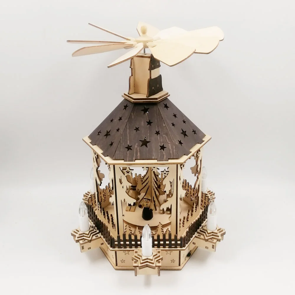 Christmas Decoration Wooden Laser Cut Pyramid With Rotating Plate Led 6 ...