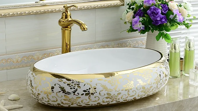 Counter Tops Basin Kd-03gbe Ceramic Wash Basin Golden Plated Bathroom ...