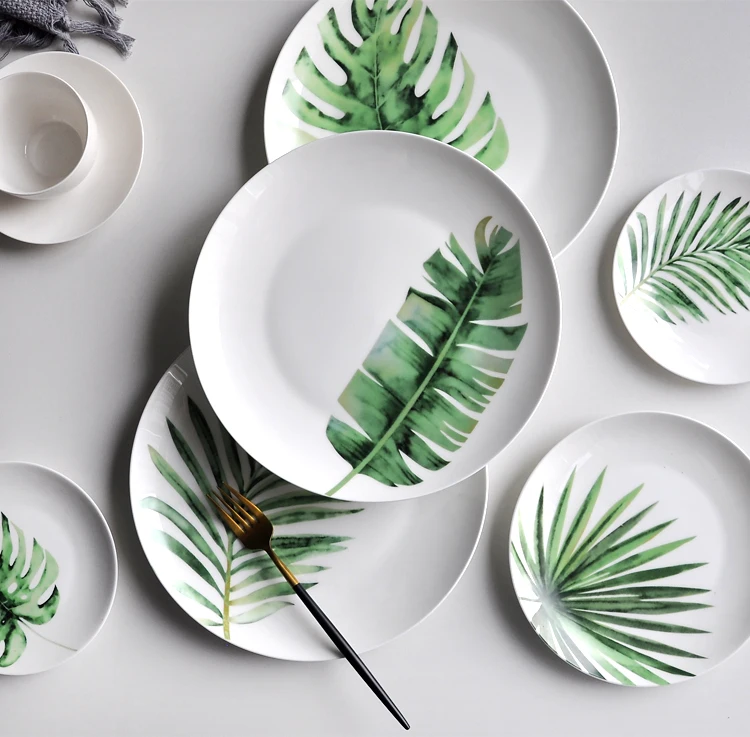 Creative Green Leaf Pattern Printed Ceramic Bone China Plates